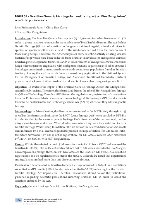 (PDF) Brazilian Genetic Heritage Act and its impact on Bio-Manguinhos ...