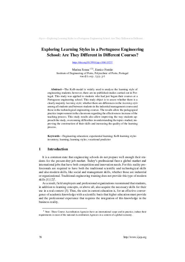(PDF) Exploring Learning Styles in a Portuguese Engineering School: Are They Different in Different