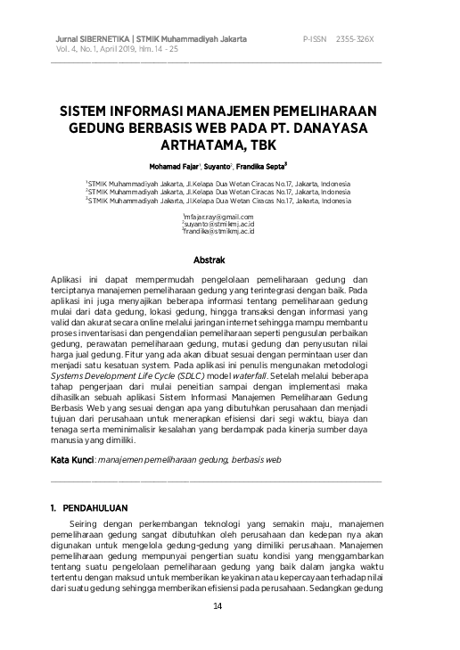 (PDF) Sistem Informasi Manajemen Pemeliharaan Gedung Berbasis Web Pada Pt. Danayasa Arthatama ...