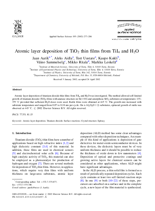 (PDF) Atomic layer deposition of TiO2 thin films from TiI4 and H2O