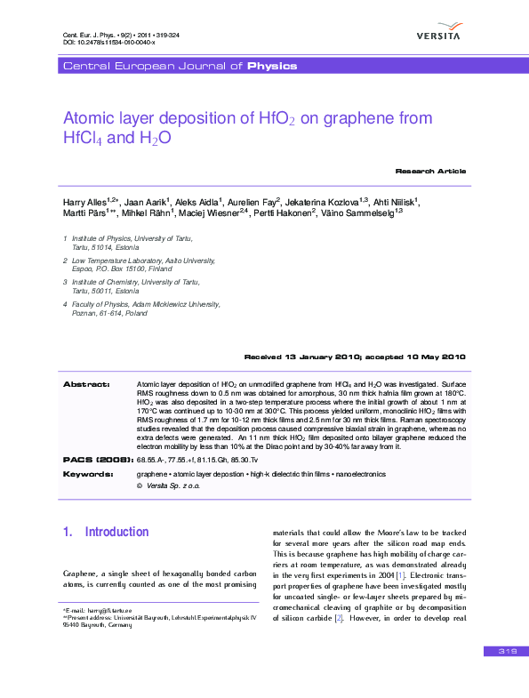 (PDF) Atomic layer deposition of HfO2 on graphene from HfCl4 and H2O