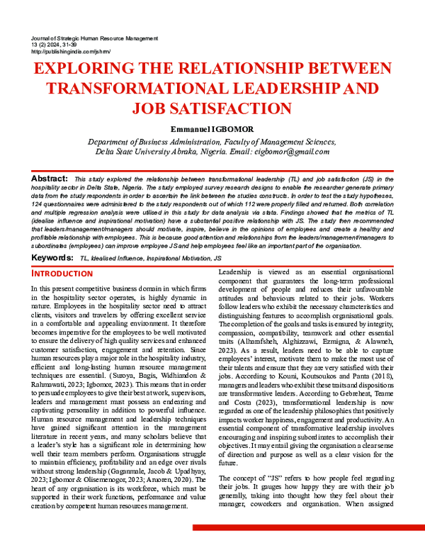 (PDF) EXPLORING THE RELATIONSHIP BETWEEN TRANSFORMATIONAL LEADERSHIP AND JOB SATISFACTION