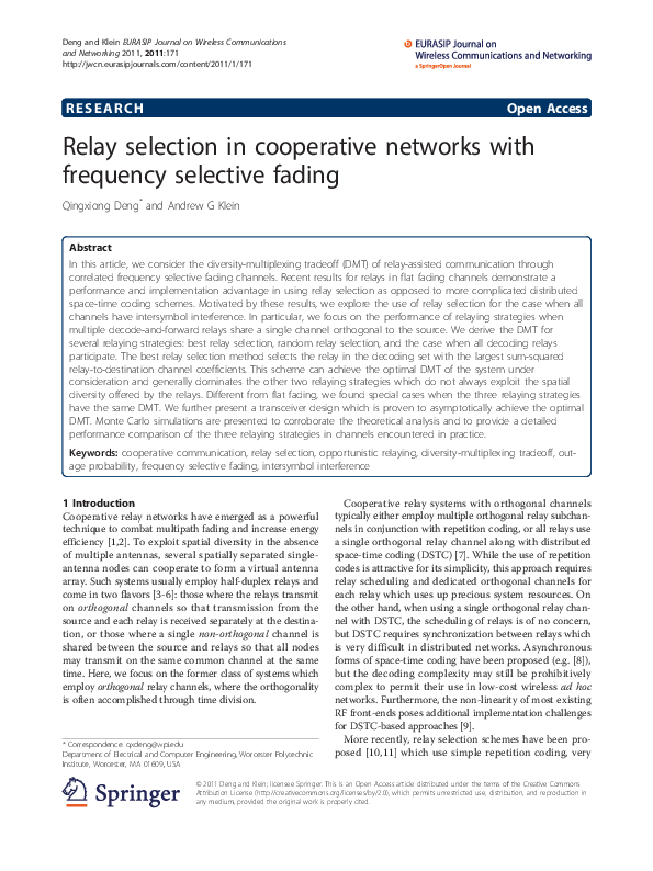 (PDF) Relay selection in cooperative networks with frequency selective fading