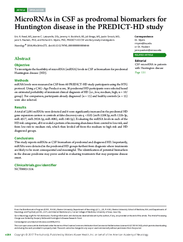 (PDF) MicroRNAs in CSF as prodromal biomarkers for Huntington disease ...