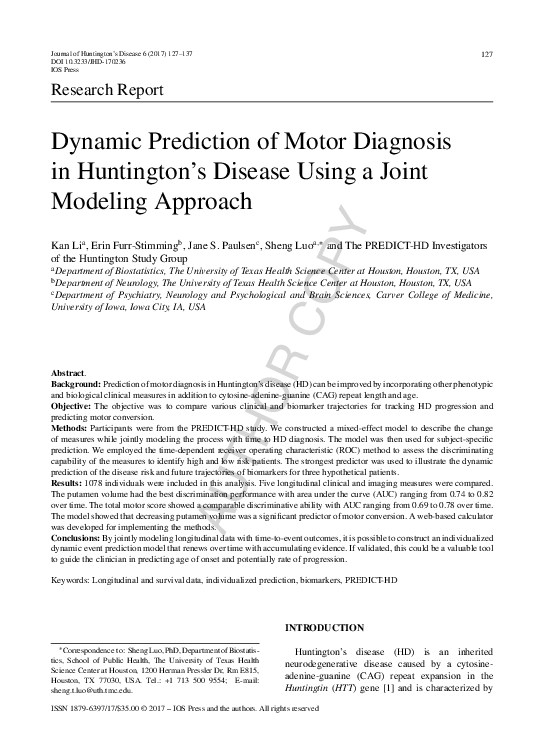 (PDF) Dynamic Prediction of Motor Diagnosis in Huntington's Disease ...