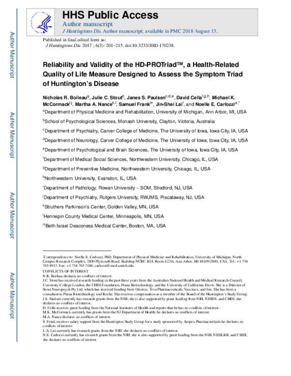 (PDF) Reliability and Validity of the HD-PRO-TriadTM, a Health-Related Quality of Life Measure ...