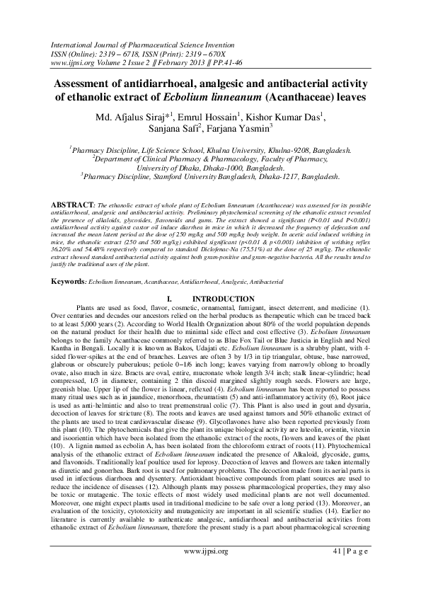 (PDF) Assessment of antidiarrhoeal , analgesic and antibacterial activity of ethanolic extract ...