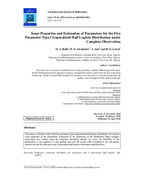 (PDF) Some Properties and Estimation of Parameters for the Five Parameter Type I Generalized ...
