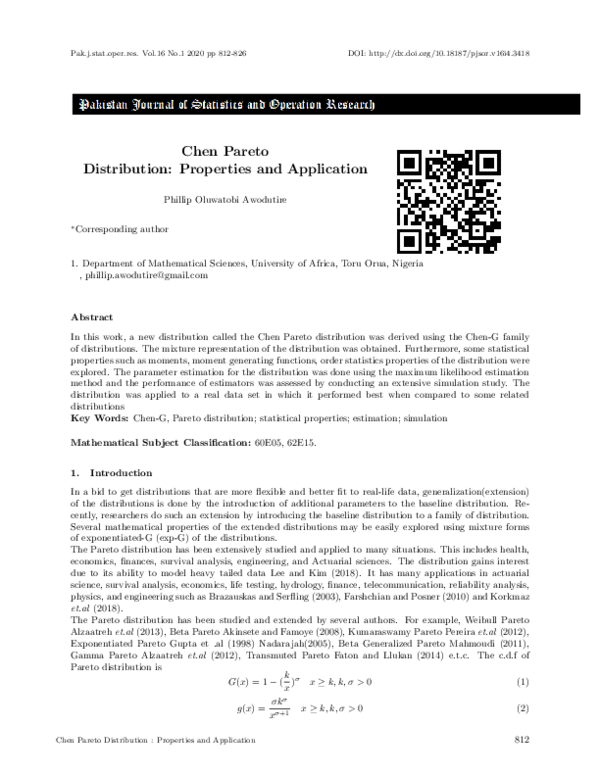 (PDF) Chen Pareto Distribution:Properties and Application