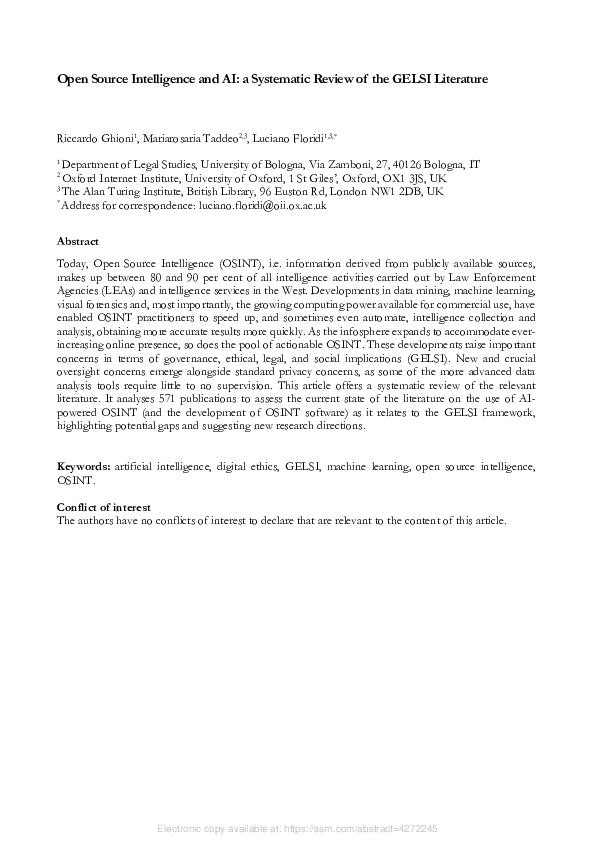 (PDF) Open Source Intelligence and AI: a Systematic Review of the GELSI Literature