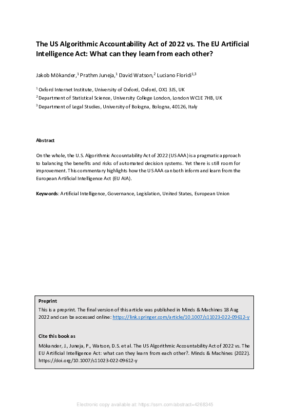 (PDF) The US Algorithmic Accountability Act of 2022 vs. The EU ...