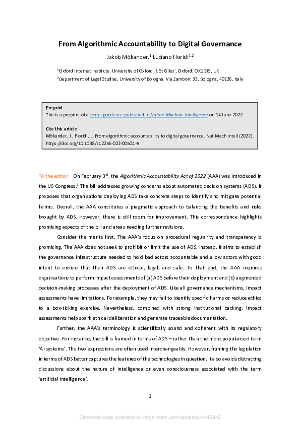 (PDF) From Algorithmic Accountability to Digital Governance