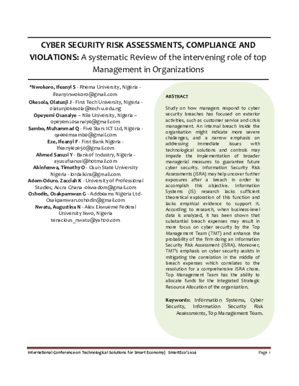 (PDF) CYBER SECURITY RISK ASSESSMENTS, COMPLIANCE AND VIOLATIONS: A systematic Review of the ...