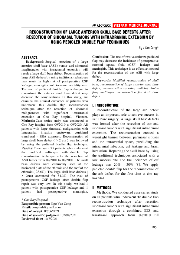 (PDF) Reconstruction of Large Anterior Skull Base Defects After Resection of Sinonasal Tumors ...
