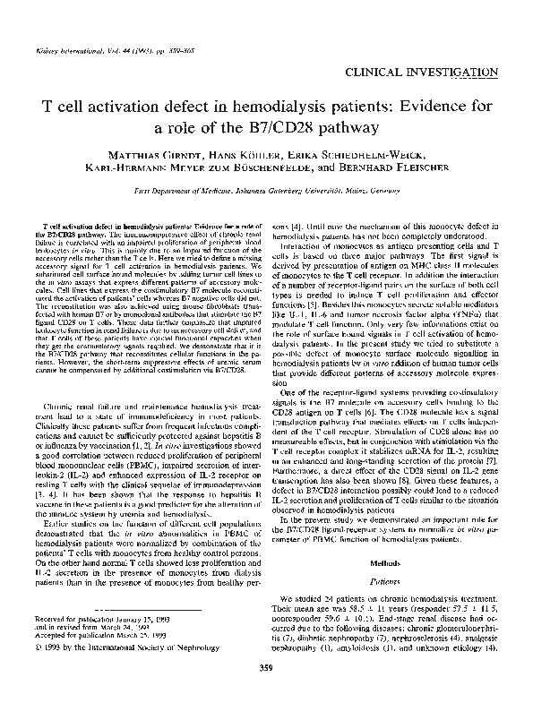 (PDF) T cell activation defect in hemodialysis patients: Evidence for a ...
