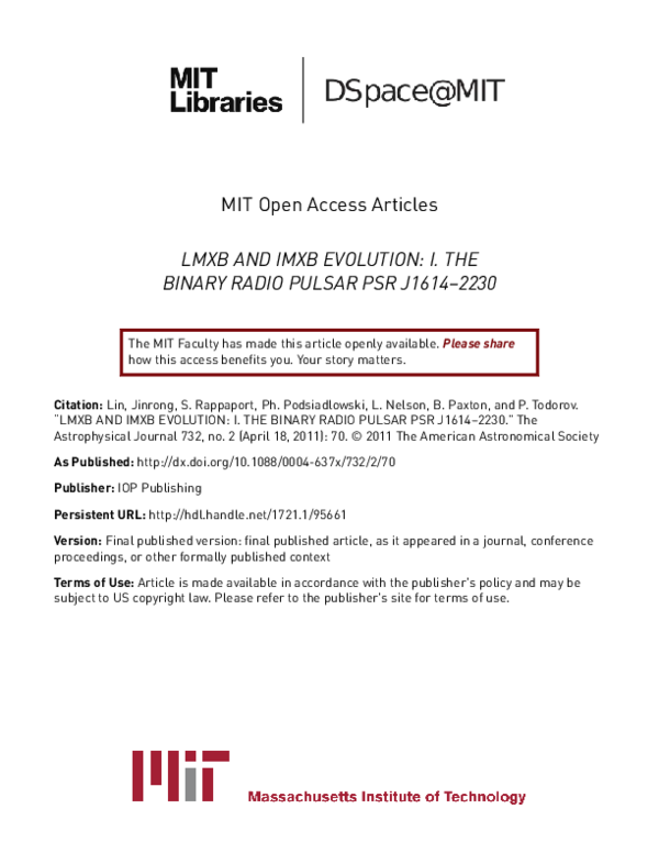 (PDF) LMXB and Imxb Evolution: I. The Binary Radio Pulsar PSR J1614 ...