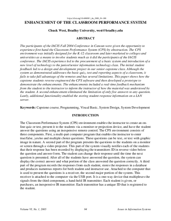 (PDF) Enhancement of the Classroom Performance System