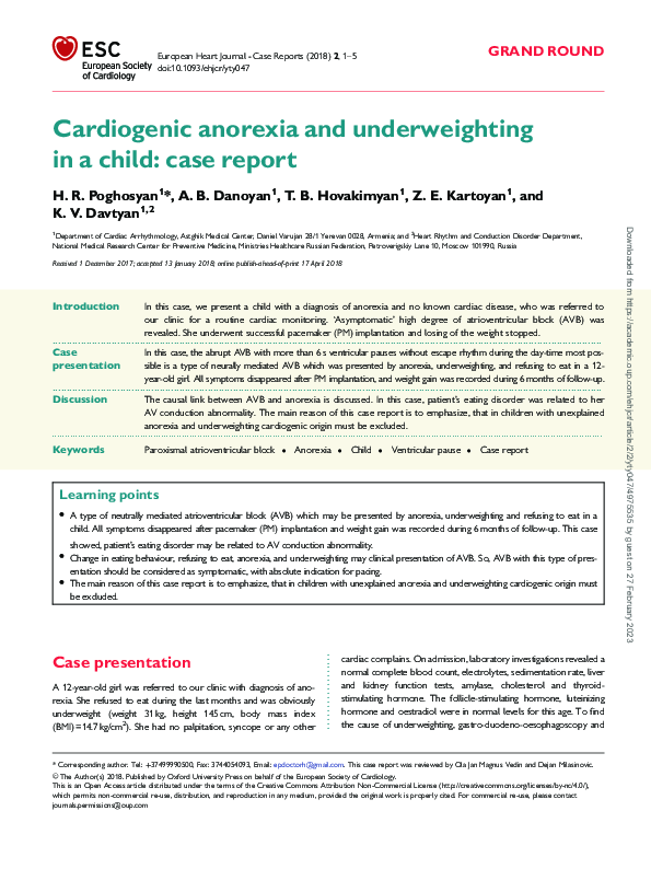 (PDF) Cardiogenic anorexia and underweighting in a child: case report