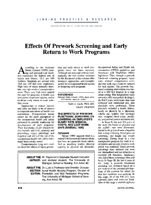 (PDF) Effects of Prework Screening and Early Return to Work Programs