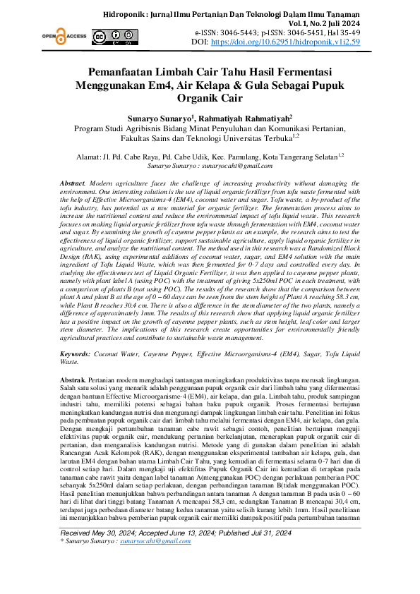 (PDF) Pemanfaatan Limbah Cair Tahu Hasil Fermentasi Menggunakan Em4, Air Kelapa & Gula Sebagai ...