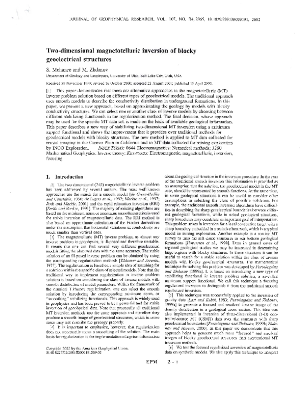 (PDF) Two‐dimensional magnetotelluric inversion of blocky geoelectrical ...