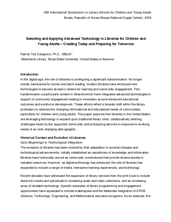 (PDF) Selecting and Applying Advanced Technology in Libraries for ...