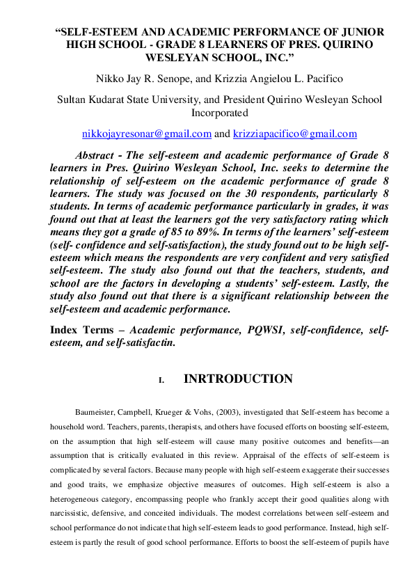 (PDF) "SELF-ESTEEM AND ACADEMIC PERFORMANCE OF JUNIOR HIGH SCHOOL ...