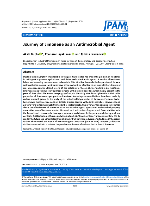 (PDF) Journey of Limonene as an Antimicrobial Agent