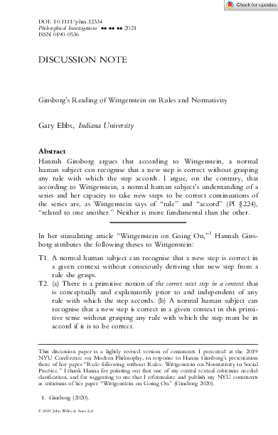 (PDF) Ginsborg’s Reading of Wittgenstein on Rules and Normativity