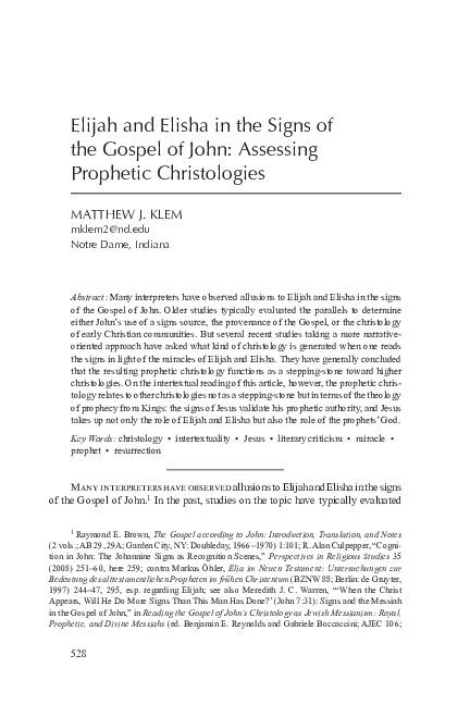 (PDF) Elijah and Elisha in the Signs of the Gospel of John: Assessing ...