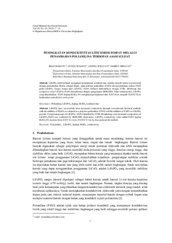 (PDF) Peningkatan Konduktivitas Litium Besi Fosfat Melalui Penambahan Polianilina Terdopan Asam ...