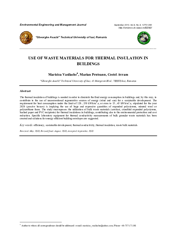 (PDF) Use of Waste Materials for Thermal Insulation in Buildings
