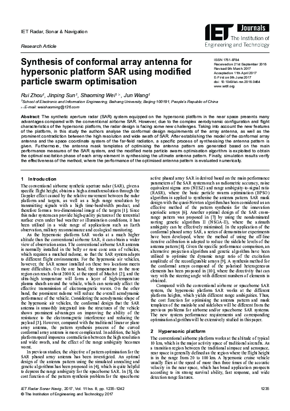 Synthesis of conformal array antenna for hypersonic platform SAR using modified particle swarm ...