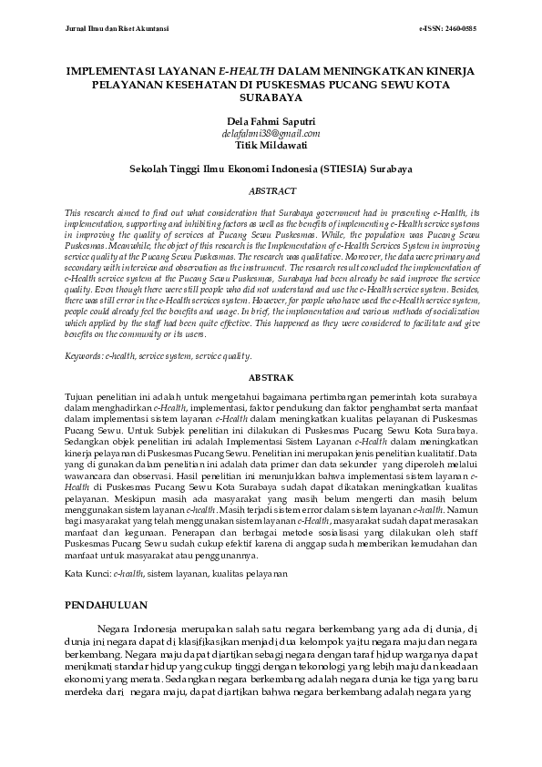 (PDF) Implementasi Layanan E-Health Dalam Meningkatkan Kinerja Pelayanan Kesehatan DI Puskesmas ...