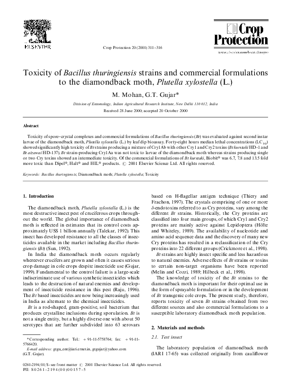 (PDF) Toxicity of Bacillus thuringiensis strains and commercial formulations to the diamondback ...
