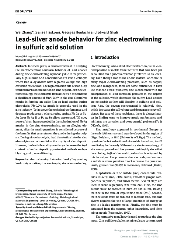 (PDF) Lead-silver anode behavior for zinc electrowinning in sulfuric ...