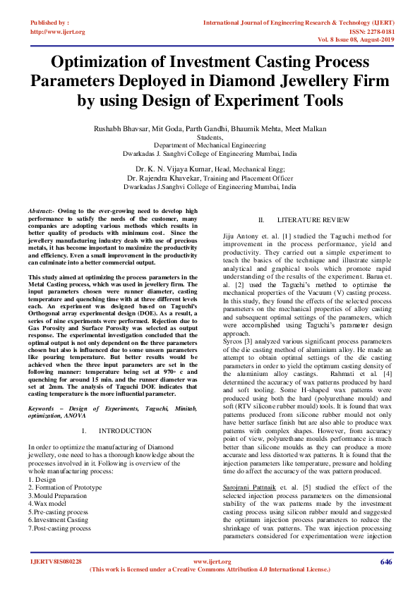(PDF) Optimization of Investment Casting Process Parameters Deployed in Diamond Jewellery Firm ...