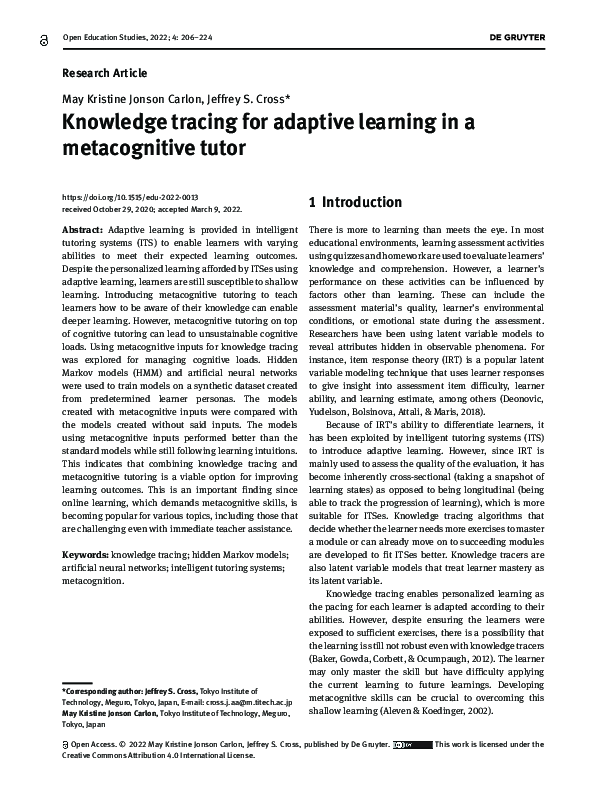 (PDF) Knowledge tracing for adaptive learning in a metacognitive tutor