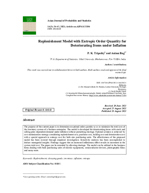 Pdf Replenishment Model With Entropic Order Quantity For Deteriorating Items Under Inflation