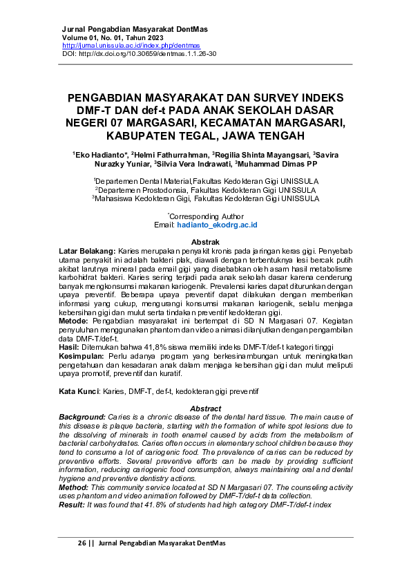 (PDF) PENGABDIAN MASYARAKAT DAN SURVEY INDEKS DMF-T DAN def-t PADA ANAK ...