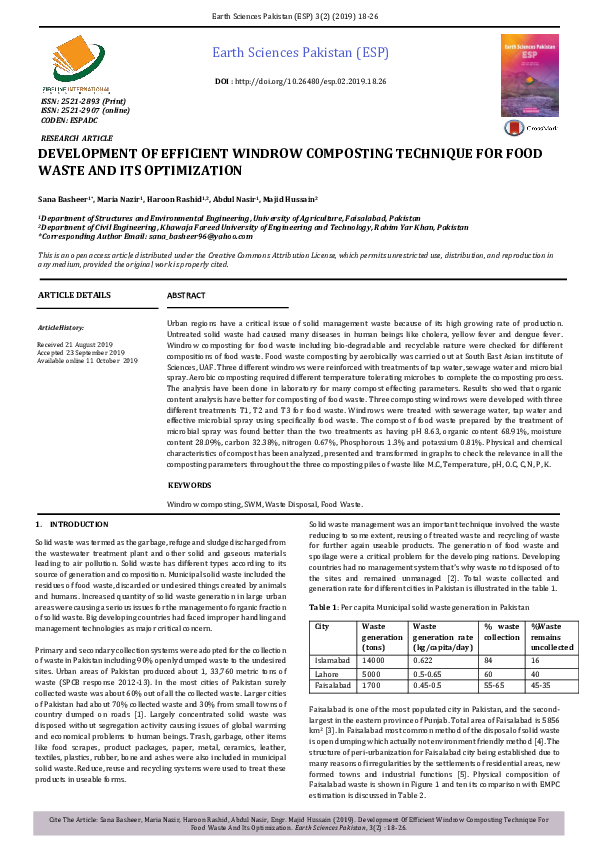 (PDF) Development of Efficient Windrow Composting Technique for Food Waste and Its Optimization
