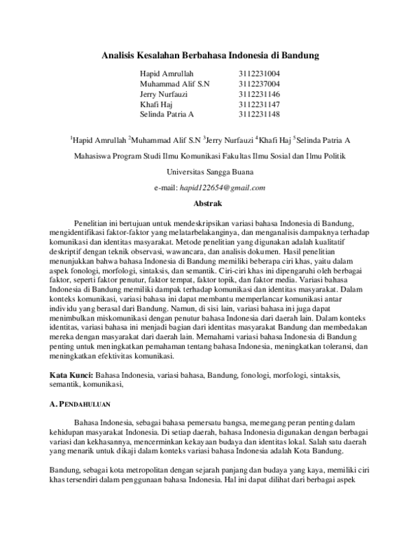 (PDF) Analisis Kesalahan Berbahasa Indonesia di Bandung
