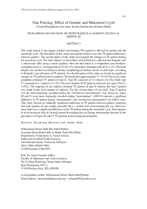 (PDF) Tear ferning: effect of gender and menstrual cycle (Corak ...