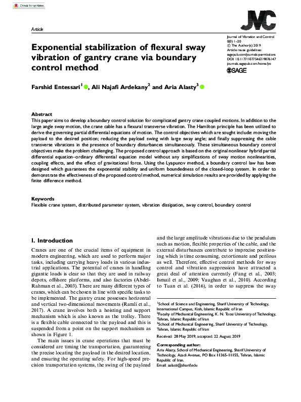 (PDF) Exponential stabilization of flexural sway vibration of gantry crane via boundary control ...