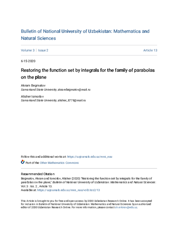 (PDF) Restoring the function set by integrals for the family of parabolas on the plane