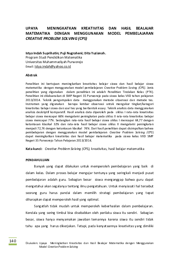 (PDF) Upaya Meningkatkan Kreativitas Dan Hasil Bealajar Matematika Dengan Menggunakan Model ...