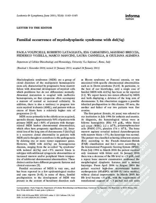(PDF) Familial occurrence of myelodysplastic syndrome with del(5q)