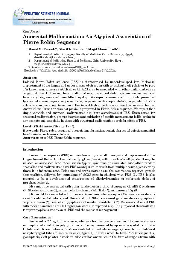 (PDF) Anorectal Malformation: An Atypical Association of Pierre Robin ...