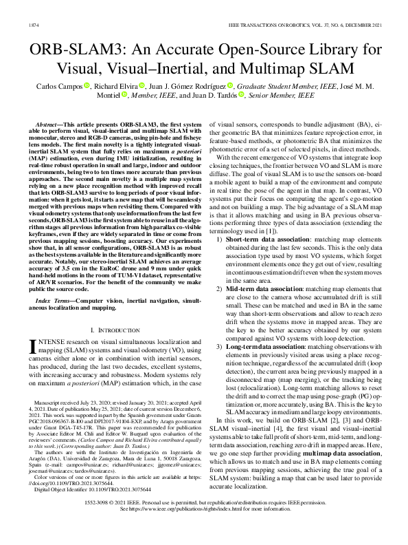 (PDF) ORB-SLAM3: An Accurate Open-Source Library for Visual, Visual–Inertial, and Multimap SLAM