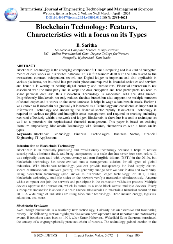 (PDF) Blockchain Technology: Features, Characteristics with a focus on ...